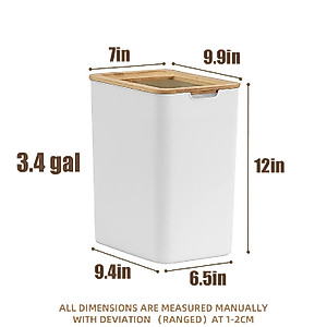 DoxiGlobal Slim Plastic Trash Can with Wood Lid Wastebasket Waste Bin Little Garbage Container Bin White for Home Office Bathroom Kitchen Living Room (Rectangle-3.4Gal)