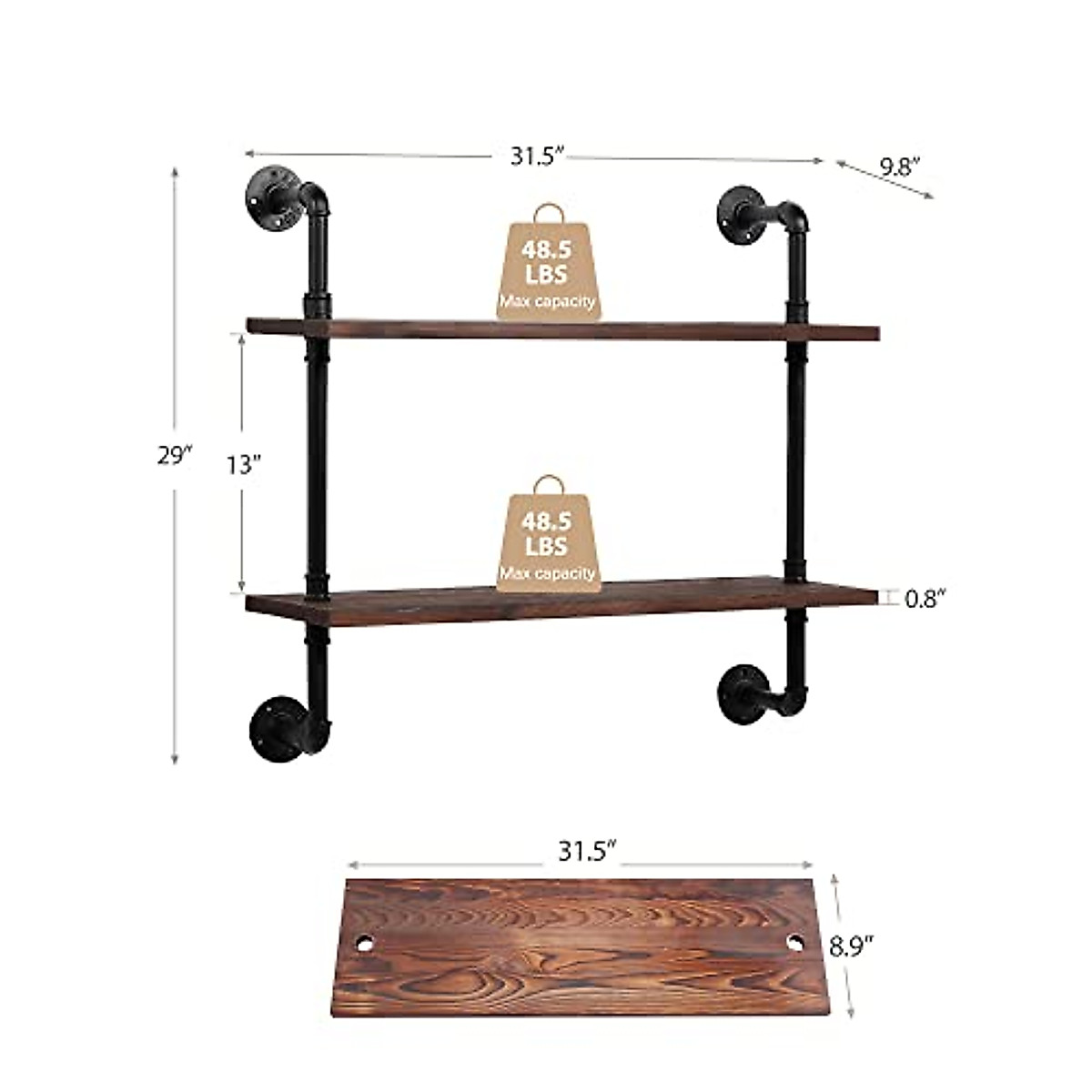 JAXPETY Industrial Floating Shelf 2-Tier Wall Mounted Pipe Shelves Rustic Wood Shelf Metal Bracket Storage Space Display Bookshelf for Bedroom, Living Room, Office