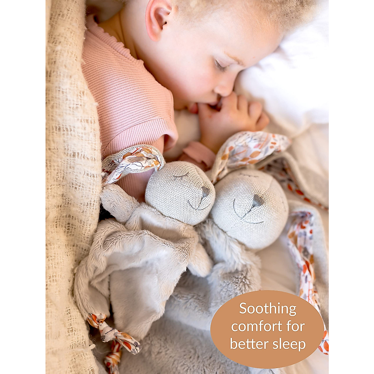 Yuppie Mommy Bonny & Bo Woodlands Bunny Handmade Lovey Security Blanket Gift Set of 2, Baby Boy or Girl — Soft Baby Blankets with Bunny Stuffed Animals with Pacifier Ties Lovies for Newborns or Babies