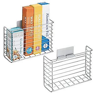 mDesign Metal Hanging Shelf-Adhesive Kitchen Storage Organizer Basket Bin - For Bags, Tin Foil, Wax Paper, Saran Wrap - Hardware Included, Solid Steel, 2 Pack - Chrome