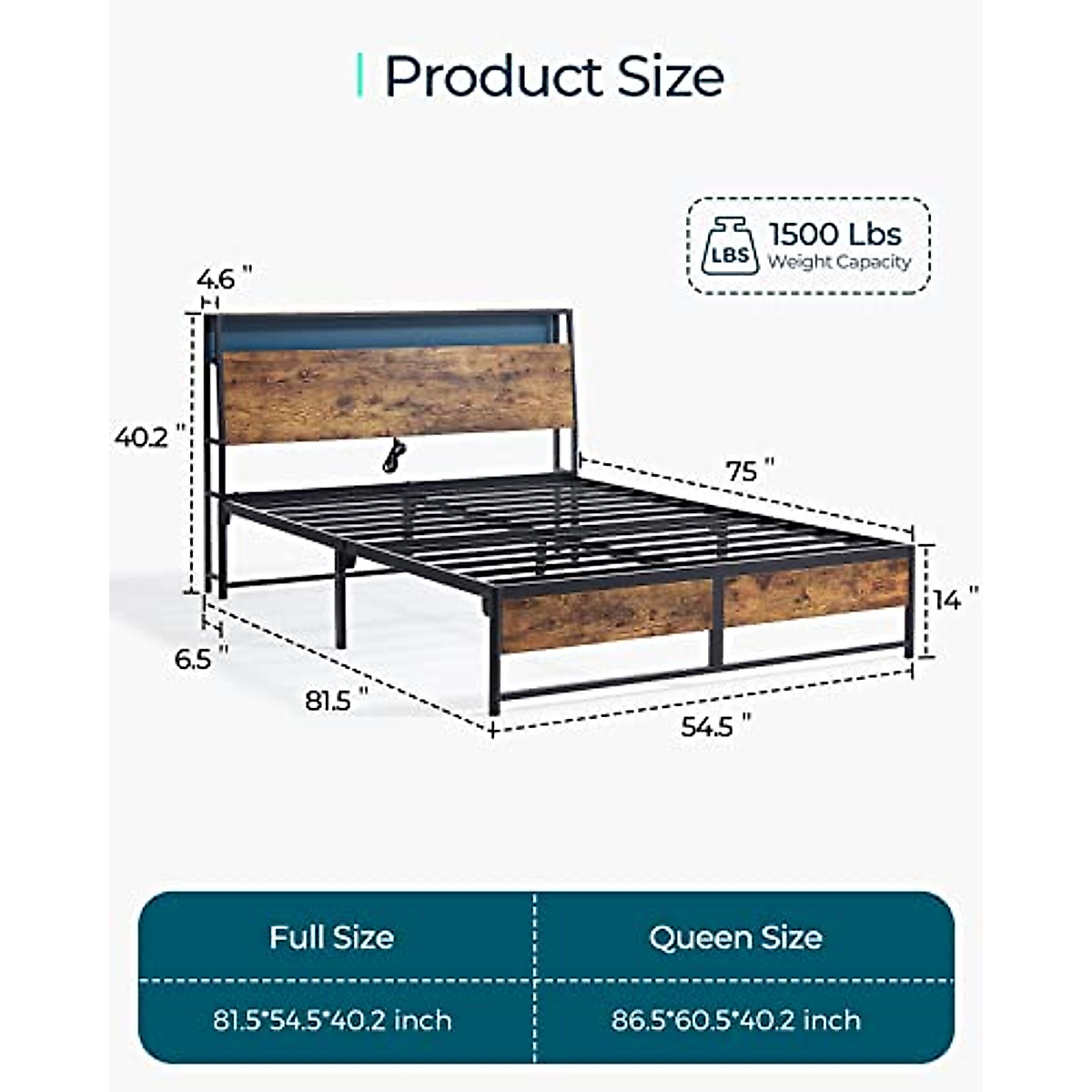 LINSY LIVING Full Size Bed Frame with Headboard, Fast Assembly Metal Industrial Bed Frame with Lights & Charging, 14 inch Full Bed Frame with Storage, No Box Spring Needed, Rustic Brown