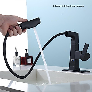 Zexzen Black Bathroom Faucet with Pull Out Sprayer, LED Bathroom Faucet with Temperature Display Modern Sink Faucet for Kitchen RV Bar with 2 Spray Modes and Liftable Vanity Faucet with Deck Plate