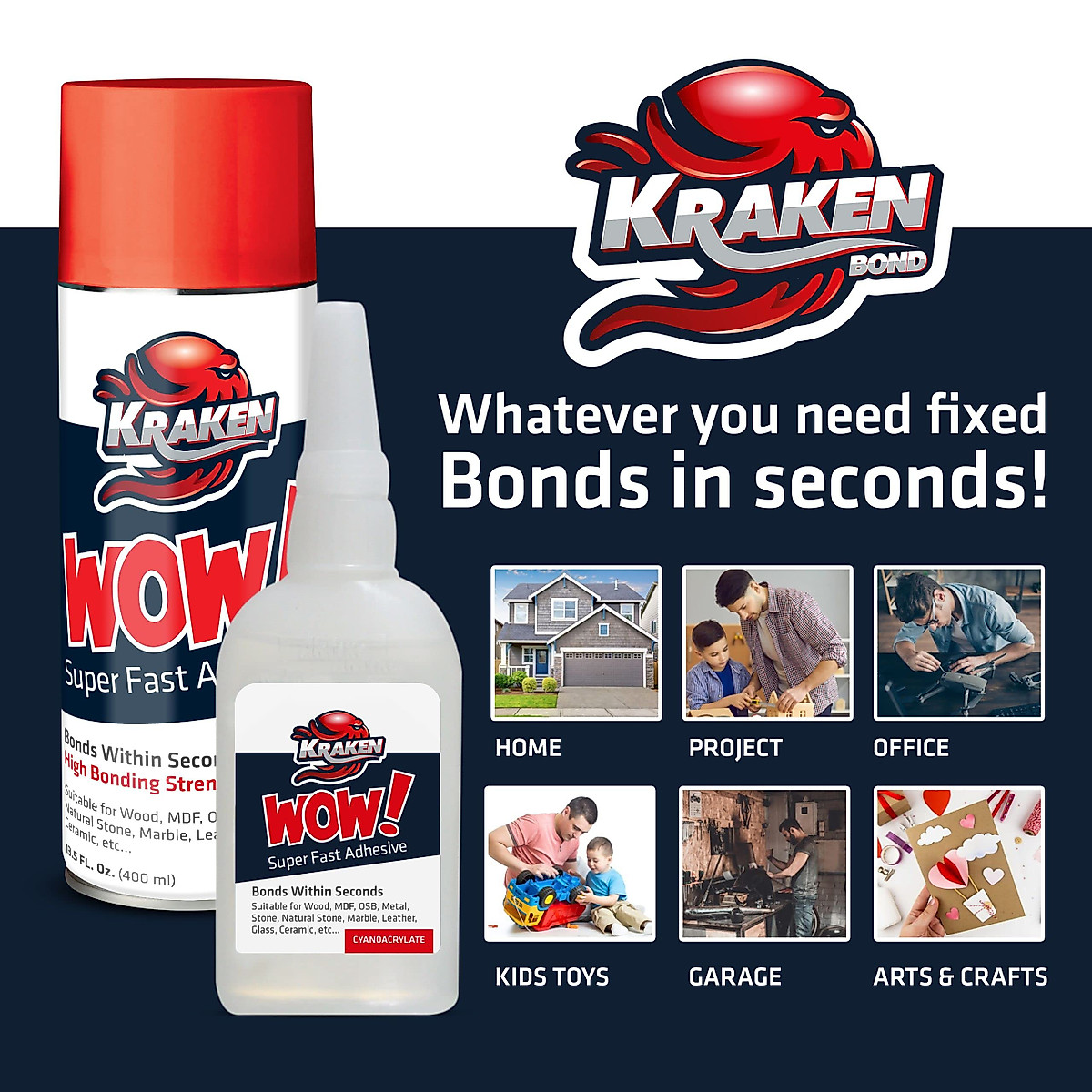 Kraken Bond Wow! CA Glue (3x1.75 oz.) with Spray Adhesive Activator (3x6.75 fl oz.) - Cyanoacrylate Glue, CA Glue with Activator, CA Glue for Woodworking, Crazy Glue, Craft Glue, Fast CA Glue, 3 Pack