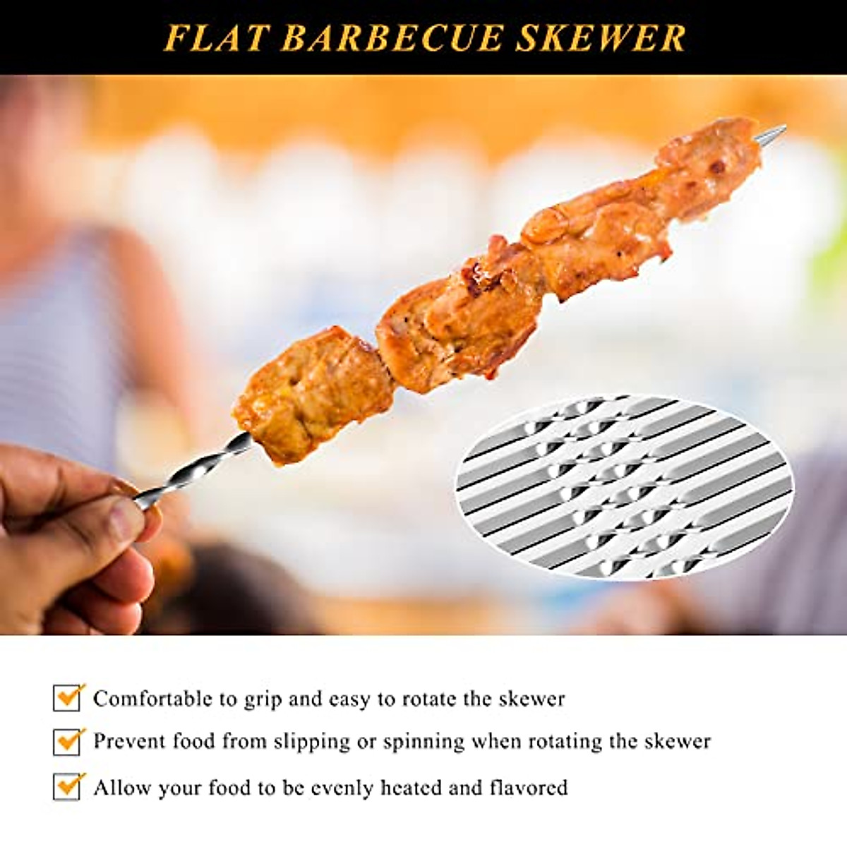 Kabob Skewers, AIMEIKI 50PCS Flat Metal BBQ Barbecue Skewer 14.8 Inch Long Stainless Steel Shish Kebob Sticks Wide Reusable Grilling Skewers Set for Meat Shrimp Chicken Vegetable Outdoor Cooking