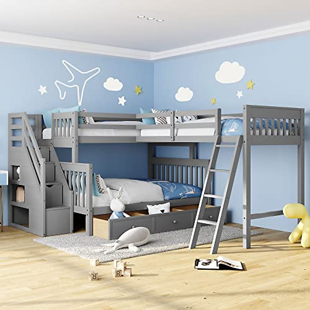 BOVZA Twin Over Full L-Shaped Bunk Bed Corner Loft Bunk Beds with Storage Drawers, Angled Ladder and Stairs, Wood Triple Bunk Bed for 3 Kids Teens Adults, Gray