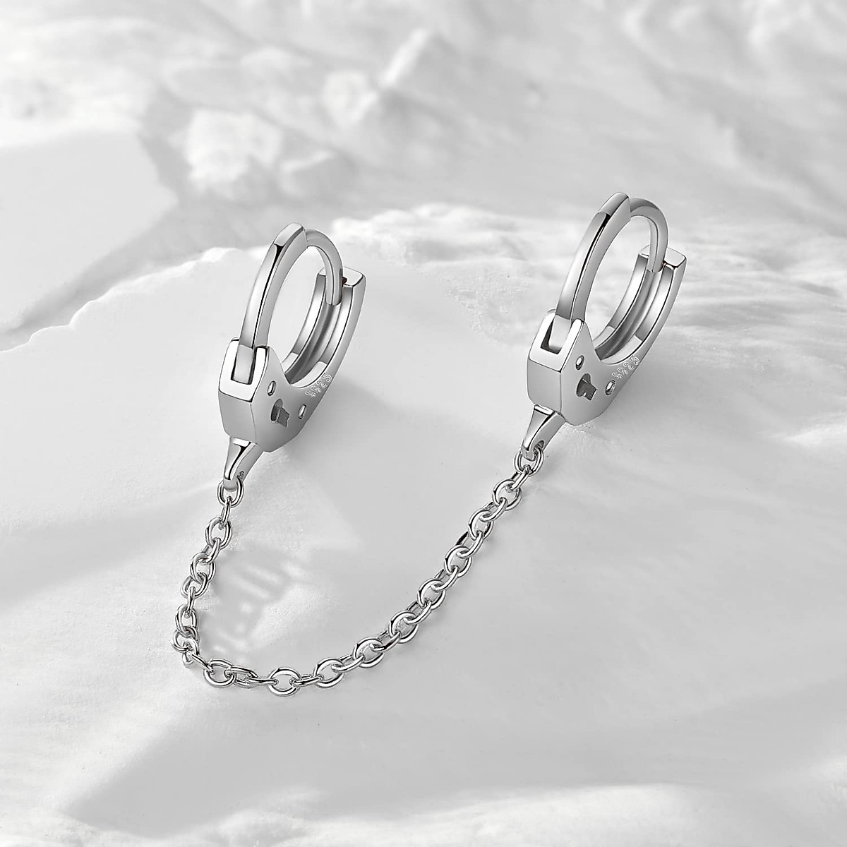 Unique Corn 14K Gold Plated Double Piercing Handcuff Chain Hoop Earrings for Women Two Holes Connecting Earrings (Silver)