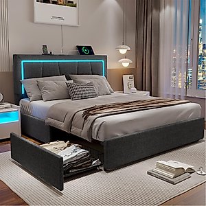 Hasuit Queen Bed Frame with 4 Storage Drawers, LED Light Platform Bed Queen Size with Charging Station | USB and Type-C Ports, Linen Fabric Upholstered Headboard, No Spring Needed, Noise Free