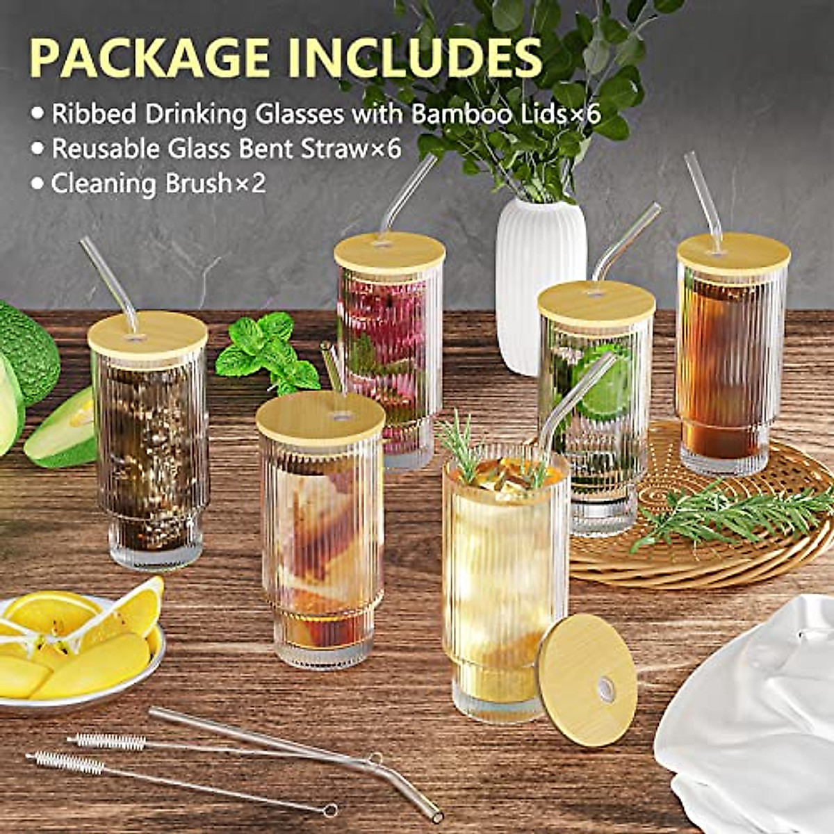 6Set Glass Cups, 16OZ Ribbed Drinking Glasses with Lids and Straws, Vintage Glassware for Whiskey Cocktail Beer, Iced Coffee Cups for Cute Gifts