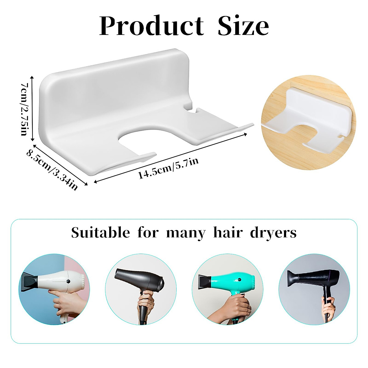 COMNICO Hair Dryer Holder Wall Mounted Self Adhesive Blow Dryer Hanger Hook with Plug Cord Organizer Rack for Bathroom Cabinet Door, Compatible with Most Hair Dryers (White)