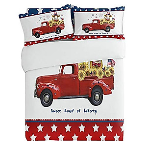 Twin 3 Pieces Duvet Cover Sets 4th of July Sunflower Cow on Red Truck Bedding Set,Microfiber Ultra Soft Bed Sheet with Pillow Shams,Luxury Quilt Covers for Bedroom Decor Freedom Star on Blue Red