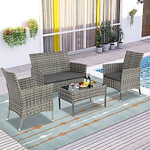 HTTH 4-Piece Outdoor Patio Furniture Sets Wicker Sofa with Cushions and Coffee Table Garden Lawn Pool Backyard Outdoor Sofa Sets (Grey-Grey)