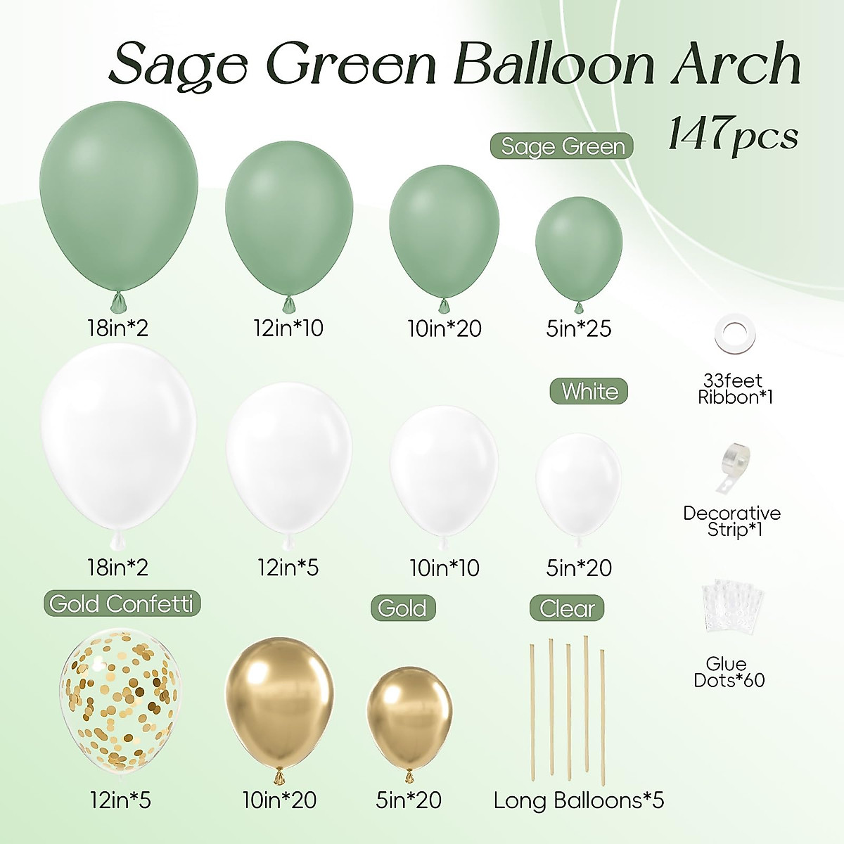 147pcs Sage Green Balloon Arch Kit, Sage Green and Gold White Balloons for Wedding Engagement Anniversary Bridal Shower Baby Shower Birthday Party Decorations