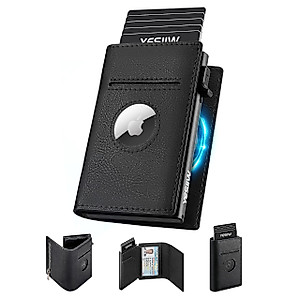 YESIIW Airtag Wallet for Men Compatible With Apple AirTag, RFID Blocking Leather Smart Wallet Air Tag Wallets, Pop Up Card Holder with Money Clip and ID Window Black