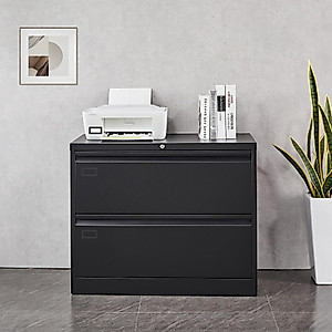 2 Drawer Lateral Filing Cabinet for Legal/Letter A4 Size, Large Deep Drawers Locked by Keys, Locking Wide File Cabinet for Home Office, Metal Steel, Black