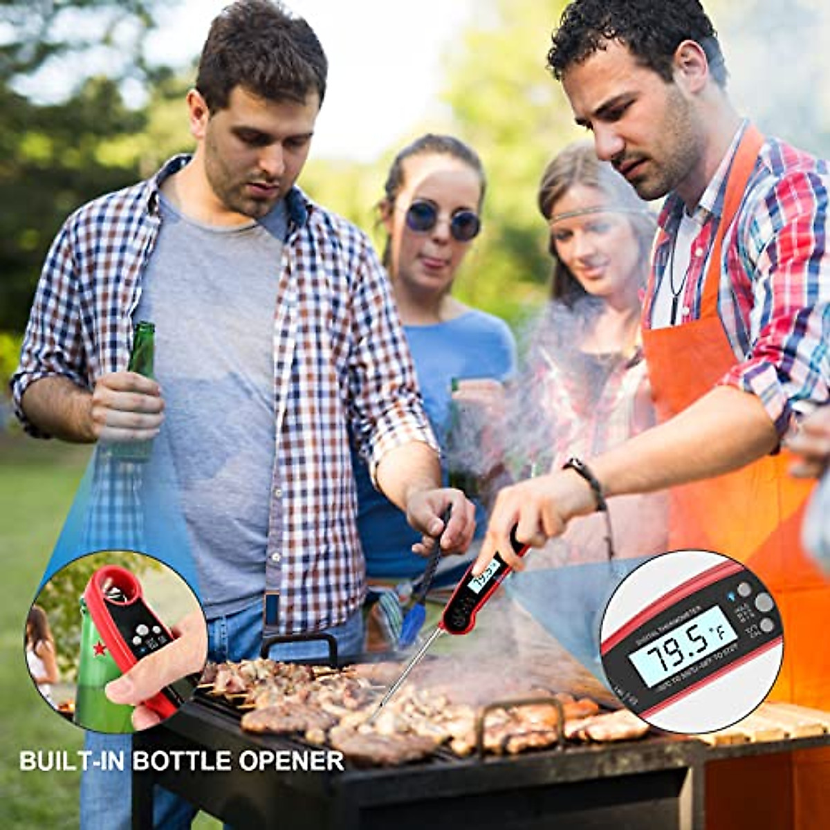 Digital Meat Thermometer with Probe, Instant Read Food Thermometer for Grilling BBQ, Kitchen Cooking, Baking, Liquids, Candy & Air Fryer - IP67 Waterproof, Backlight & Calibration - Red/Black