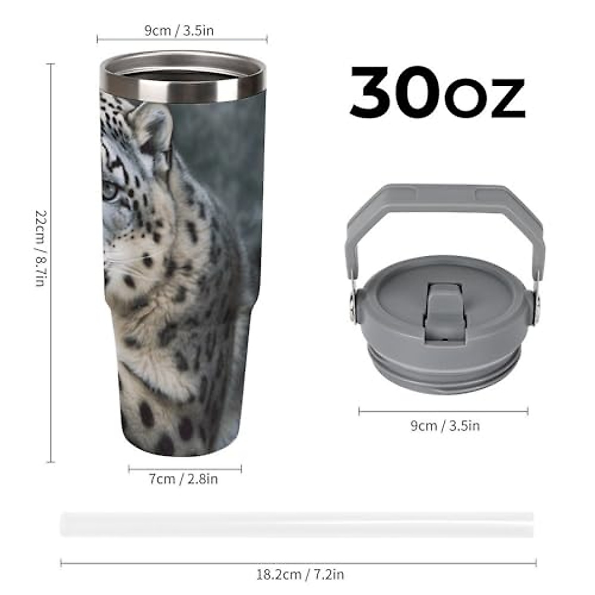 BWQJKUO Large Capacity Car Cup 30 Oz Stainless Steel Snow Leopard Printed Travel Mug Leak-proof Flip Straw Tumbler with Handle,keeps Cold Or Ho