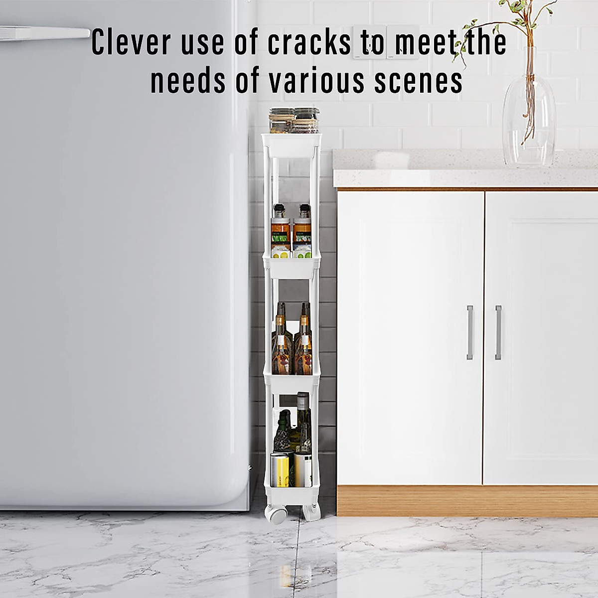 4 Tier Kitchen Bathroom Storage Rolling Cart 39 Inches Tall Slim Utility Rolling Shelf Cart with 4 Universal Wheels Coner Storage Shelves Cart White