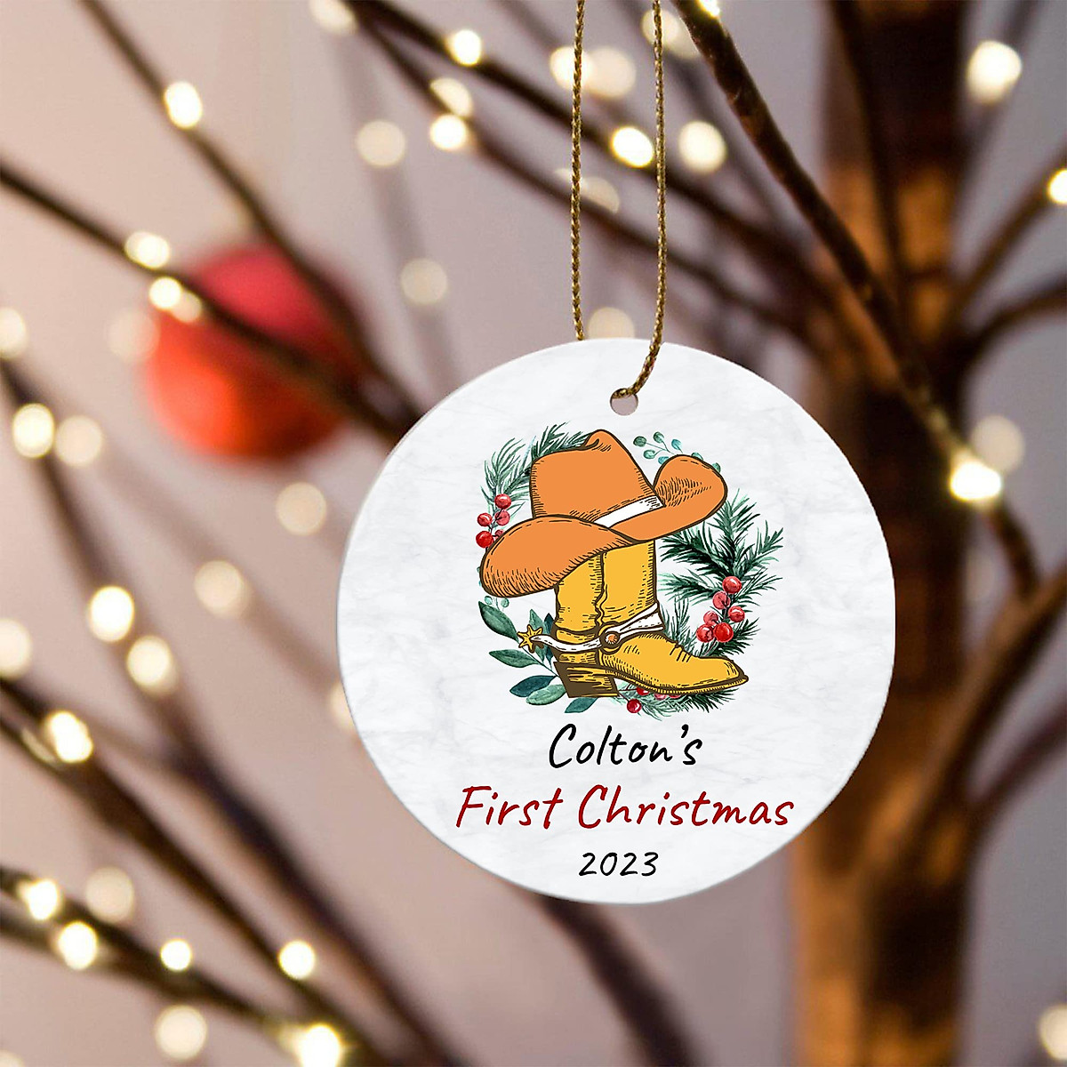 MeMate Personalized Babys First Christmas 2023 Ceramic Ornament, Western Baby's 1st Christmas Ornaments Keepsake, Cowboy Baby Name Ornaments, Christmas Decoration for Newborn