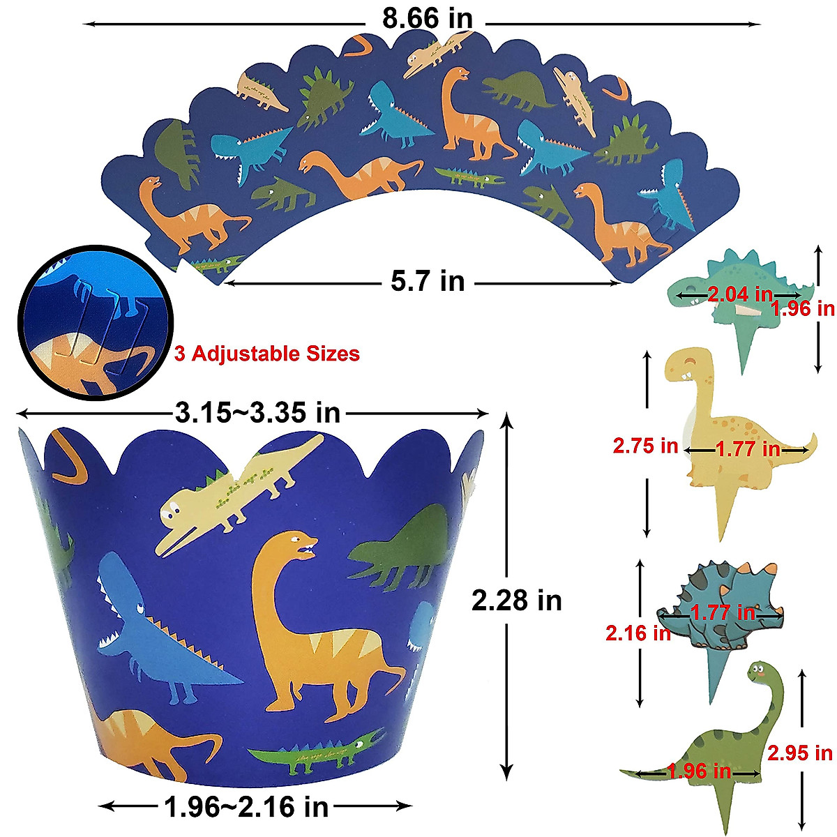 48Pcs Dinosaur Cupcake Toppers and Wrappers, Reversible Cupcake Liners with Dinosaur Picks - Cute Mini Cake Decorations for Baby Shower, Birthday Party - Jurassic World Theme Dino Party Supplies Decor