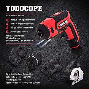 TODOCOPE 4 in 1 Electric Screwdriver Cordless, 4V MAX 1500mAh Li-ion Cordless Screwdriver Rechargeable, with 4 Multi-function Attachment and Charger