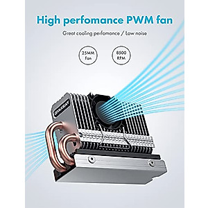 GRAUGEAR M.2 2280 SSD Heatsink, Direct-Touch Heat of Dual Copper Heat Pipes, 25 mm Cooling Fan Built-in PWM Control, Aluminum Plate-Fin Design, Thermal Pads incl. Cooler for M.2 NVMe/SATA[G-M2HP04-F]