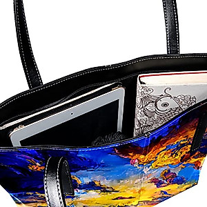 Fashion Leather Handbags Oil Painting Scenery Tote Bag With Zipper for Beach Shopping School Work Travel Business