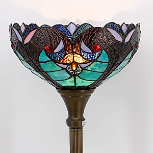 WERFACTORY Tiffany Floor Lamp Green Liaison Stained Glass Light 12X12X66 Inches Pole Torchiere Standing Corner Torch Uplight Decor Bedroom Living Room Home Office S160G Series