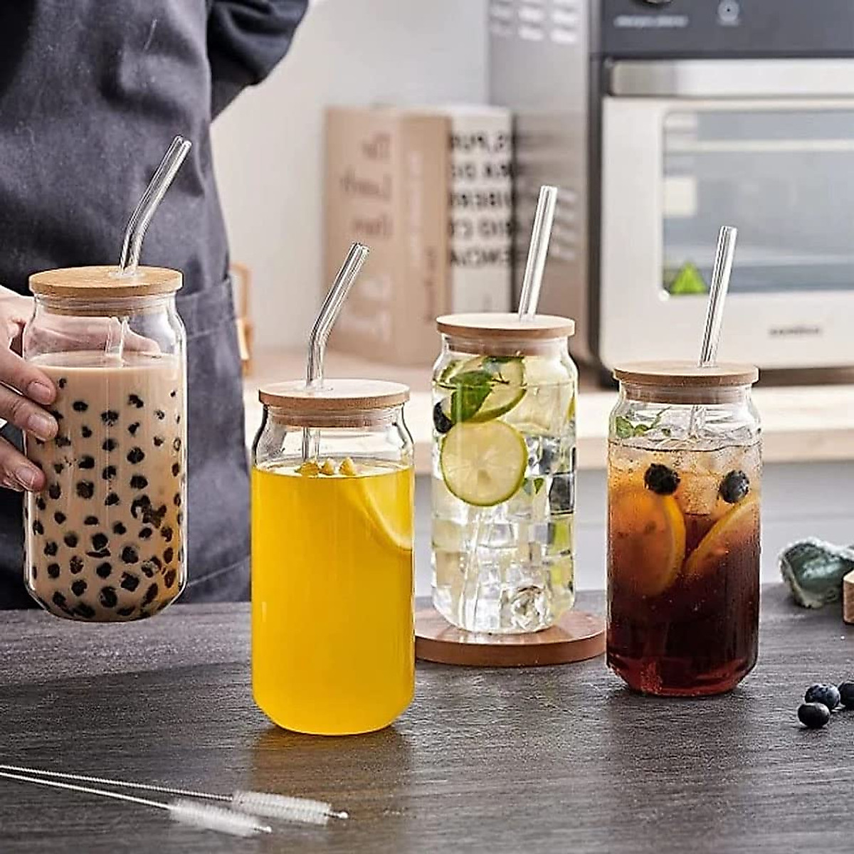 AGGICE Drinking Glass with Bamboo Lids and Glass Straw, 16Oz Can Shaped Glass Cup, Mason Jar Coke Cup Beer Glass Cocktail Glass Fruit Tea Cup Milkshake Glass Coffee Cup include Cleaning Brush