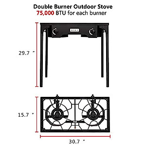 Bonnlo 2 Burner Outdoor Portable Propane Stove Gas Cooker, Heavy Duty Iron Cast Patio Burner with Detachable Stand Legs for Camp Cooking (2-Burner 150,000-BTU)