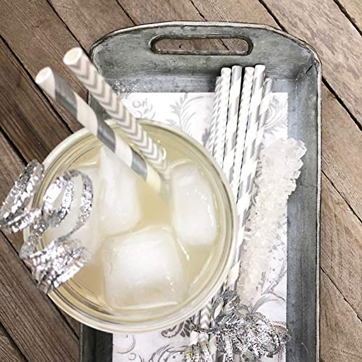 Striped Paper Straws - Silver White - Christmas Holiday Wedding Anniversary Party Supply - 7.75 Inches - 100 Pack - Outside the Box Papers Brand