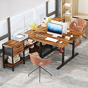 Tribesigns L Shaped Standing Desk with Storage Drawers, Height Adjustable Electric Standing Desk with Shelves & Hooks, Ergonomic Sit Stand Up Computer Desk Workstation for Home Office,Brown