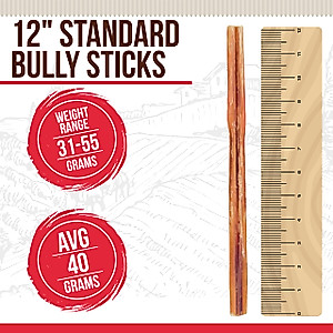 Best Dog Chews Bully Sticks Standard Size -100% All Natural for Dogs Grain and Rawhide Free Beef Chews, Grass-Fed Promotes Joint & Dental Health for All Breed Sizes Dogs and Puppies 12 inch (6 Count)