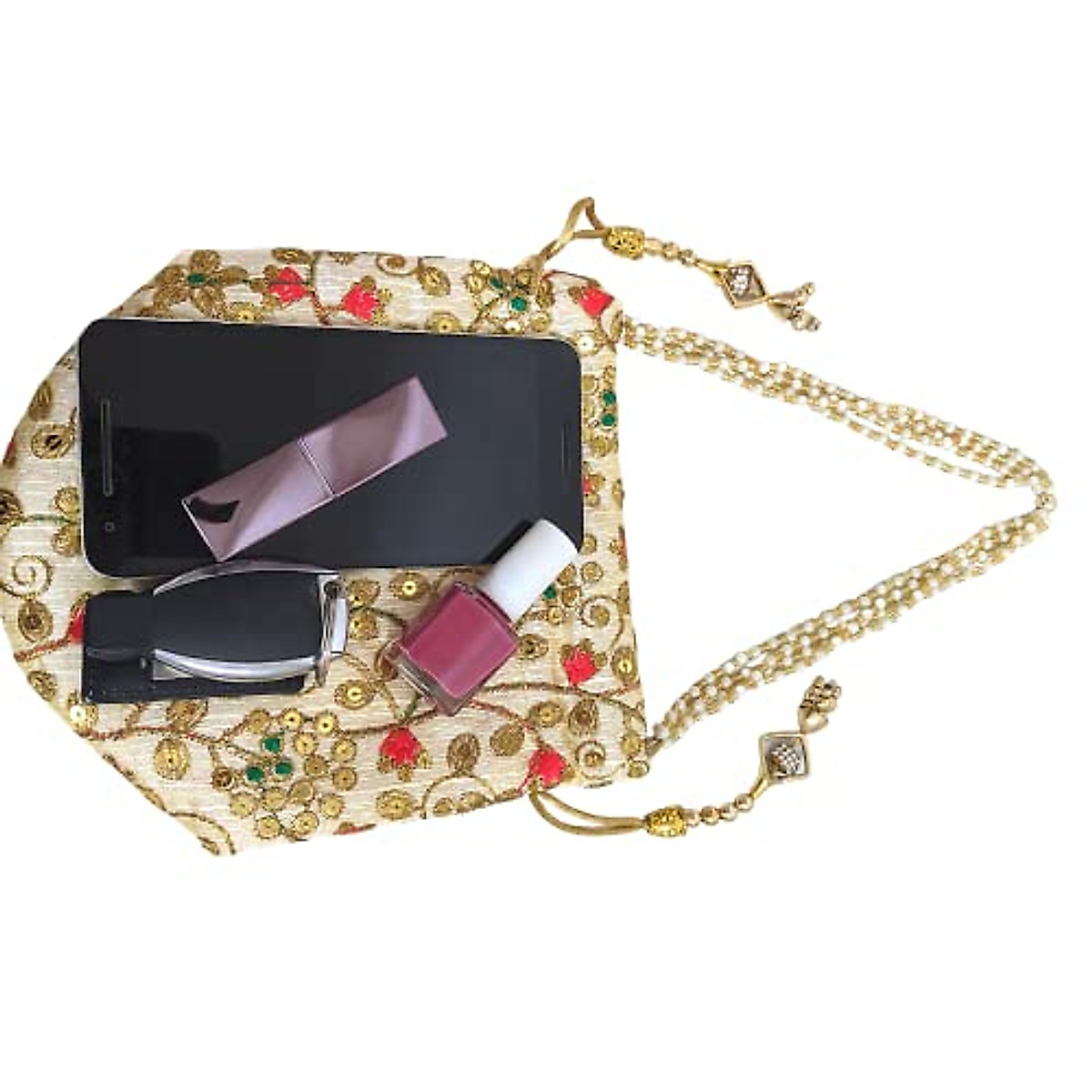 CRAFT BAZAAR Women Indian Potli Bag, Drawstring Bucket Bag With Pearls Wristlet For Weddings, Parties, Brides