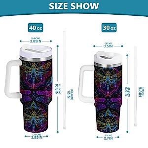 Emelivor Boho Dragonflies 40 oz Tumbler with Lid and Straw Insulated Tumblers with Handle Thermal Stainless Travel Coffee Mug Cup Water Bottle Fits in Car Cup Holder