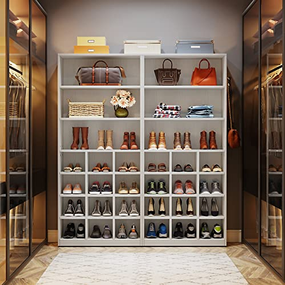 Tribesigns Shoe Cabinet, 24 Pair Freestanding Shoe Rack Storage Organizer with Side Hooks, Modern Shoe Storage Cabinet with Shelves for Hallway Bedroom Closet Entryway (2PCS)