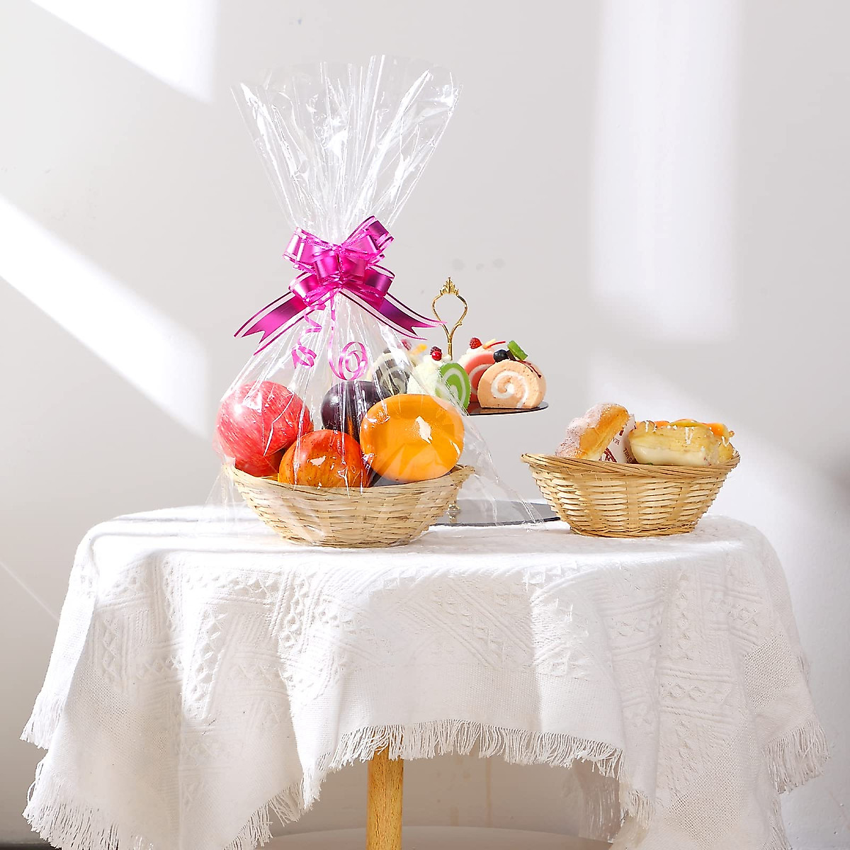 8 Pcs Empty Oval Bamboo Basket Food Storage Basket Fruit Basket Gift Baskets with 12 Pcs Colorful Pull Bow and 12 Pcs Clear Gift Bag for Fruit, Cookie, Bread, Kitchen, Restaurant, 9 x 7 x 3 inches