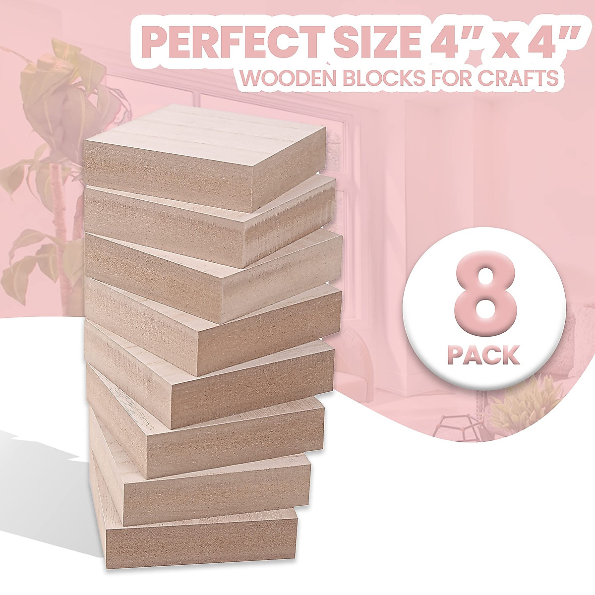 (8-Pack) - 4” x 4” Wooden Blocks for Crafts - 1-Inch Thick Square MDF Blocks - Smooth Surface with Wood Grain Pattern - Highly Customizable Blank Wood Squares