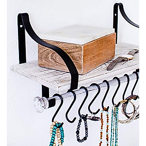 Wall Mounted Floating Spice Shelves with Towel Bar and Removable Hooks, Solid Wood, Rustic Shelving Storage, for Kitchens, Bathrooms and More, Farmhouse Wall Décor, 16.75” Long x 7.5” (White Washed)