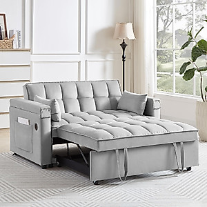 3 in 1 Sleeper Sofa Couch Bed, Convertible Sofa Bed with Side Table, Velvet Loveseat Pull Out Couch Bed with USB Port, Adjustable Backrest, Storage Pockets, for Living Room, Small Space, Office, Grey