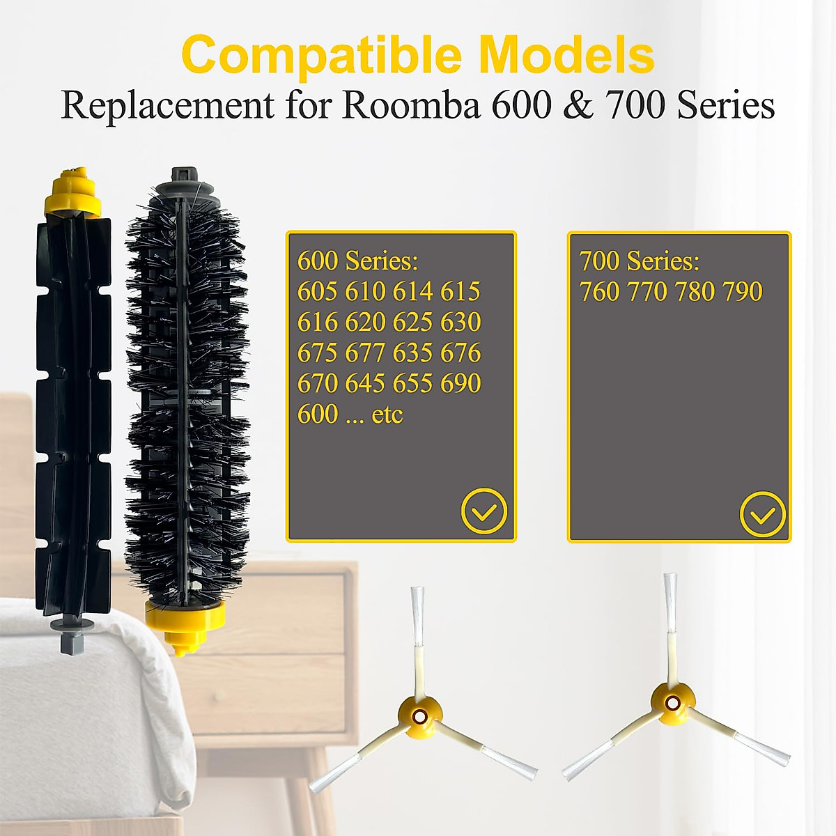 Replacement Brushes Parts Compatible with iRobot Roomba 600 & 700 Series 614 630 635 640 645 650 660 675 680 690 695 760 770 780 Robot Vacuum Cleaner, 2 Sets Bristle & Beater Brush + 2 Side Brush