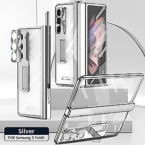 PUROOM for Samsung Galaxy Z Fold 5 Hinge Coverage Protective Case Transparent Plating PC with Pen Holder Kickstand Screen Protector All-Inclusive Case (z fold 5, Silver)