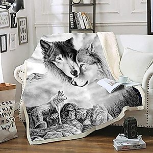 FYYFES Home Gray Wolf Comfort Warmth Soft Cozy Air Conditioning Machine Wash Black and White Rose Skull Sherpa Fleece Blanket (Throw 60"x80") (Gray Wolf), Queen