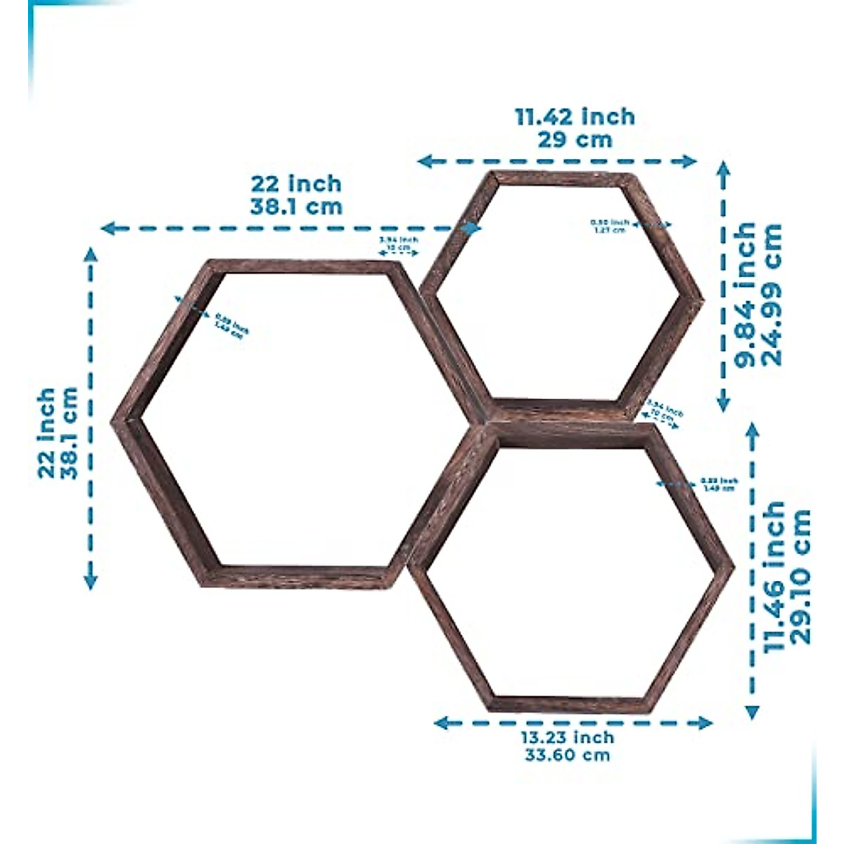 Rustic Wall Mounted Hexagonal Floating Shelves – Set of 3 – Large, Medium and Small – Screws and Anchors Included - Farmhouse Shelves for Bedroom, Living Room and More – Honeycomb Wall Décor - Torched