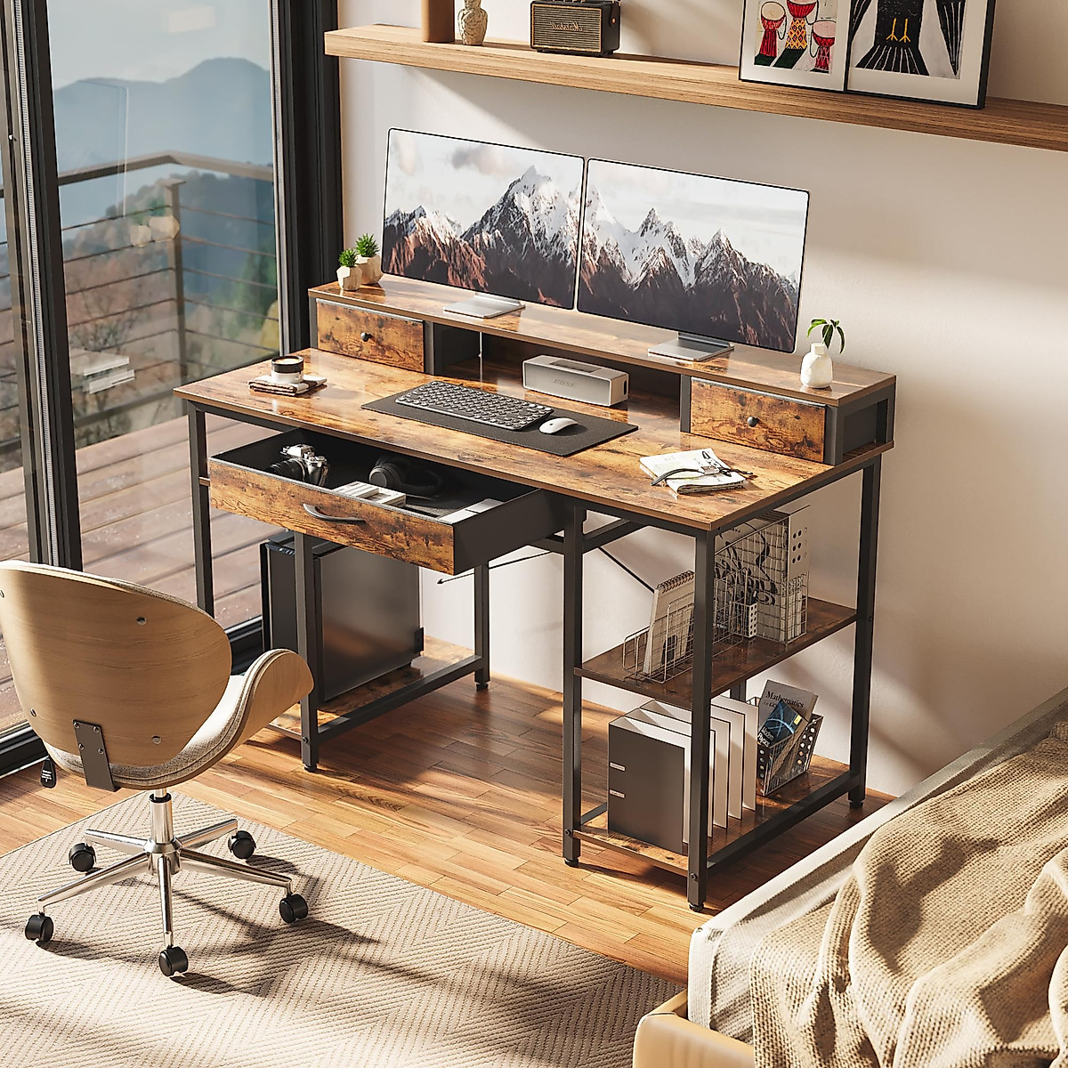 Treesland 47" Computer Desk with Monitor Shelf, Multifunctional Dual Tiers Office Desk, Sturdy Home Office Gaming Desk, Brown