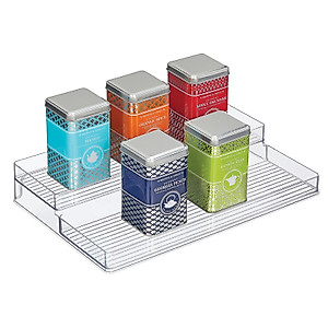 mDesign Plastic Kitchen Food Storage Organizer 2-Tiered Shelves, Spice Holder Rack Steps for Cabinet, Cupboard, Counter, Pantry - Holds Seasoning, Canned Food, Condiments - Ligne Collection - Clear