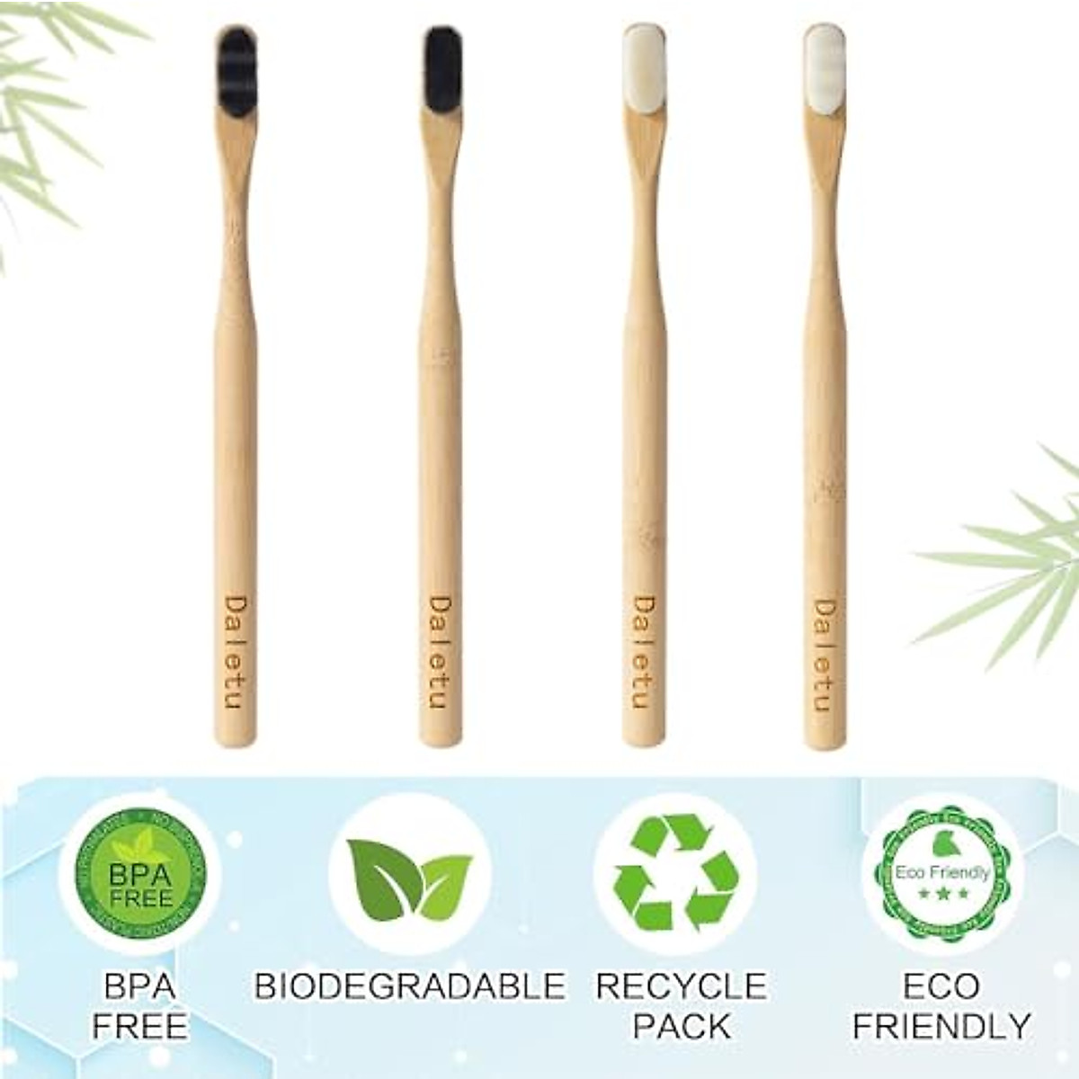 Daletu Bamboo Toothbrush, Biodegradable Toothbrushes Extra Soft Bristles, 20000 Soft Natural Bristle Toothbrush, Eco Friendly Toothbrushes for Sensitive Teeth Gum Recession - 4 Pack