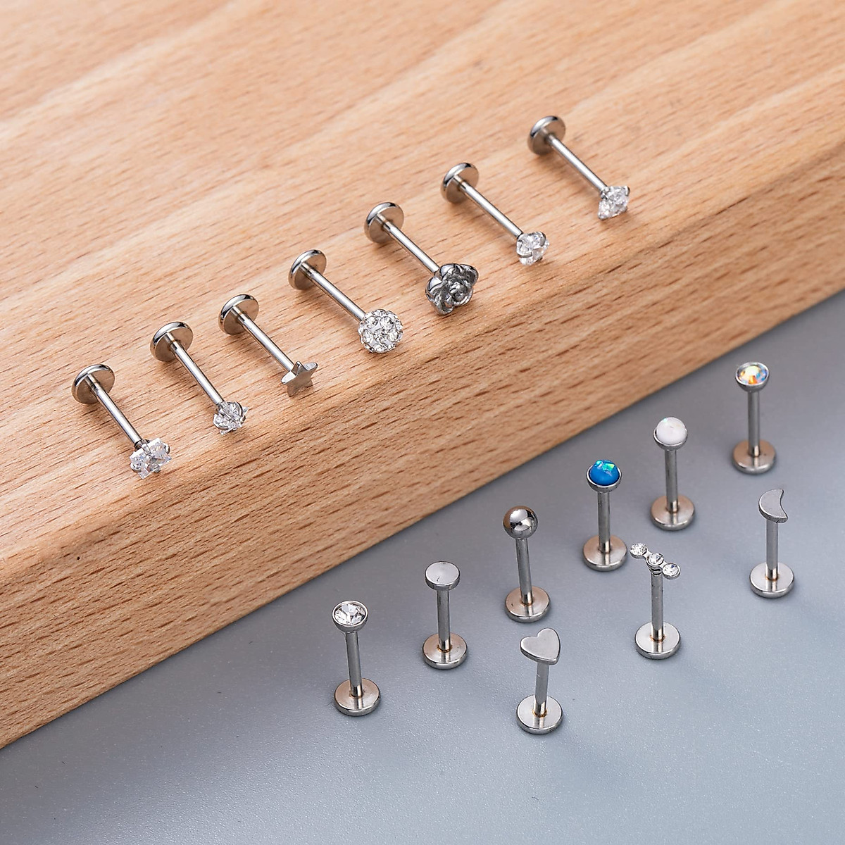 LOAYHOAY 16PCS 16-18G Stainless Steel Threadless Push in Nose Stud Ring for Women Men Lip Ring CZ Flower Heart Cartilage Helix Earring Piercing Set (18 Gauge 6mm)