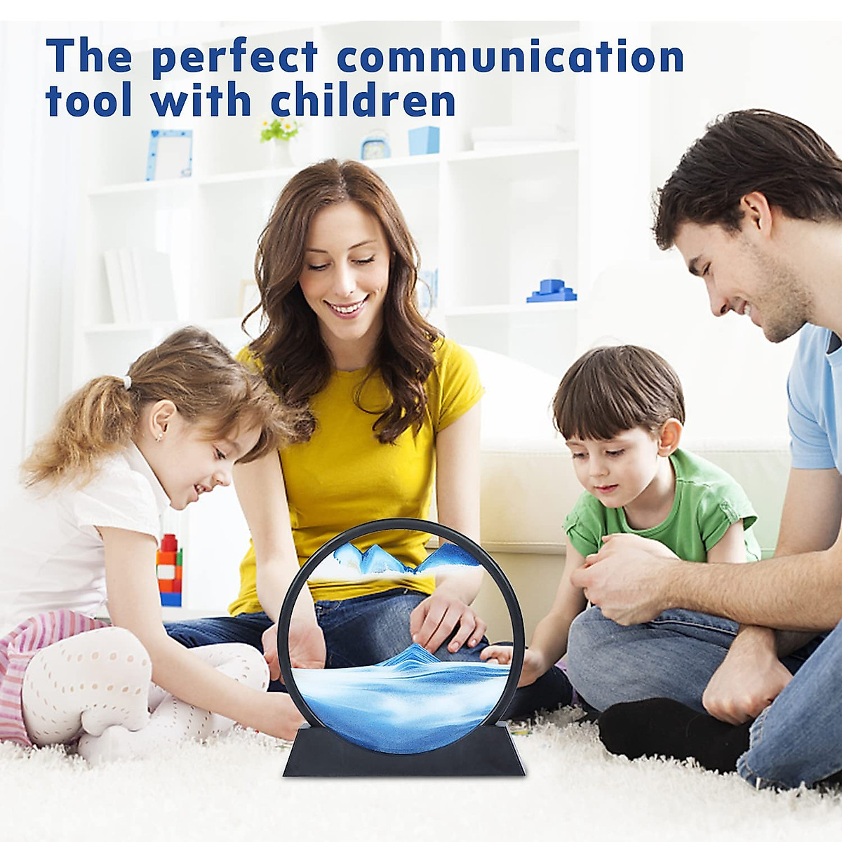 Winthfure Moving Sand Art Picture-3D Deep Sea Sandscape in Round Glass Flowing Sand Frame, Large Desktop Sand Art Toys, Relaxing Home and Office Decorations (7", Blue)