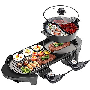 SEAAN Electric Removable Shabu-shabu Pot Grill Detachable Barbecue Grill with Large Capacity Baking Tray Non-Stick BBQ Pan Adjustable Temperature Double Flavor Hot Pot 110V