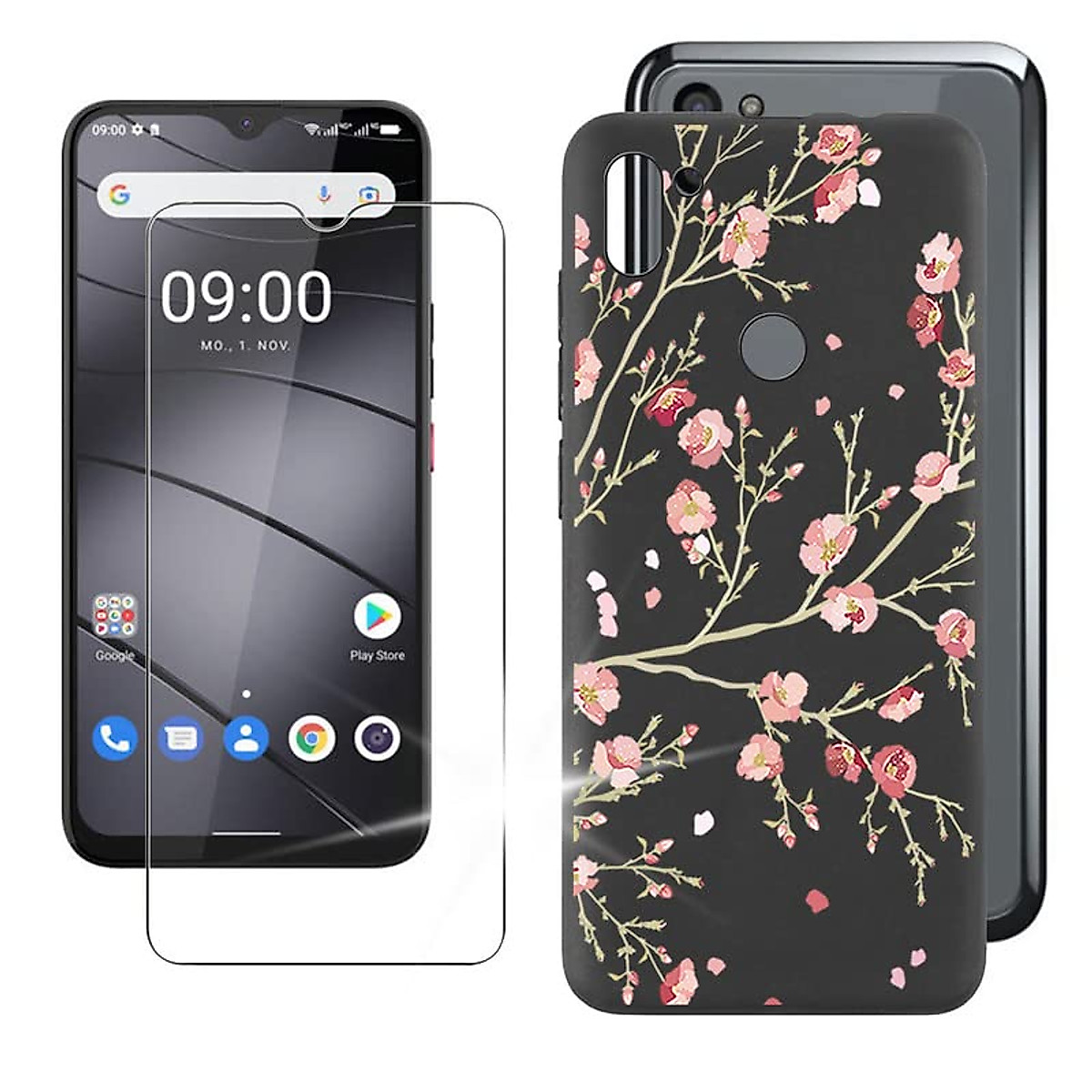 Cover for Gigaset GS5 Pro (6.30") Case IJTYHF Soft Silicone Case Bumper Shell +Tempered Glass 9H Screen Protector Protective Film, Black Phone Protective TPU Cases -Peach Blossom